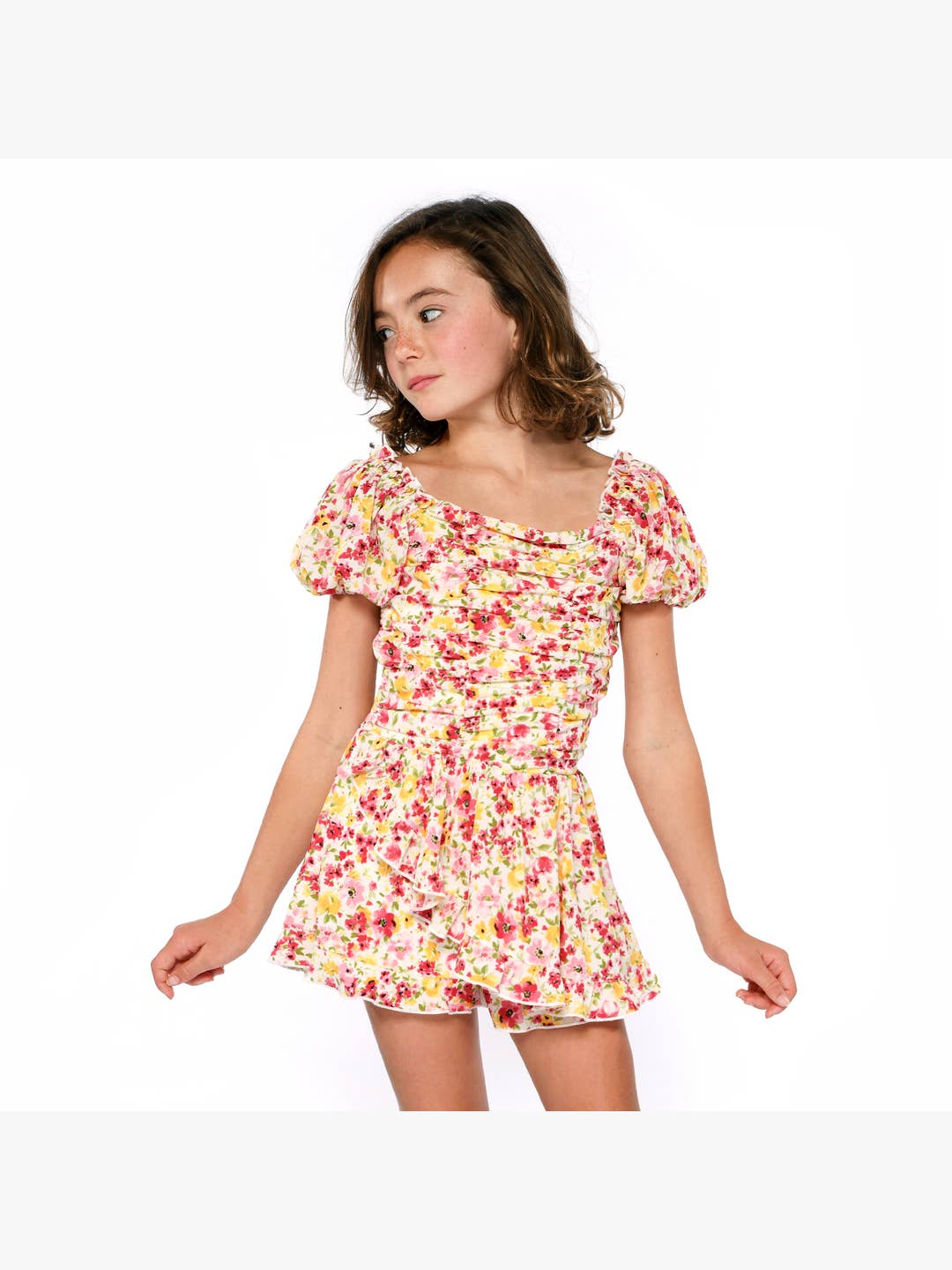 Little l Big l Tween Girls Ditsy Watercolor Floral Ruched Romper ...
