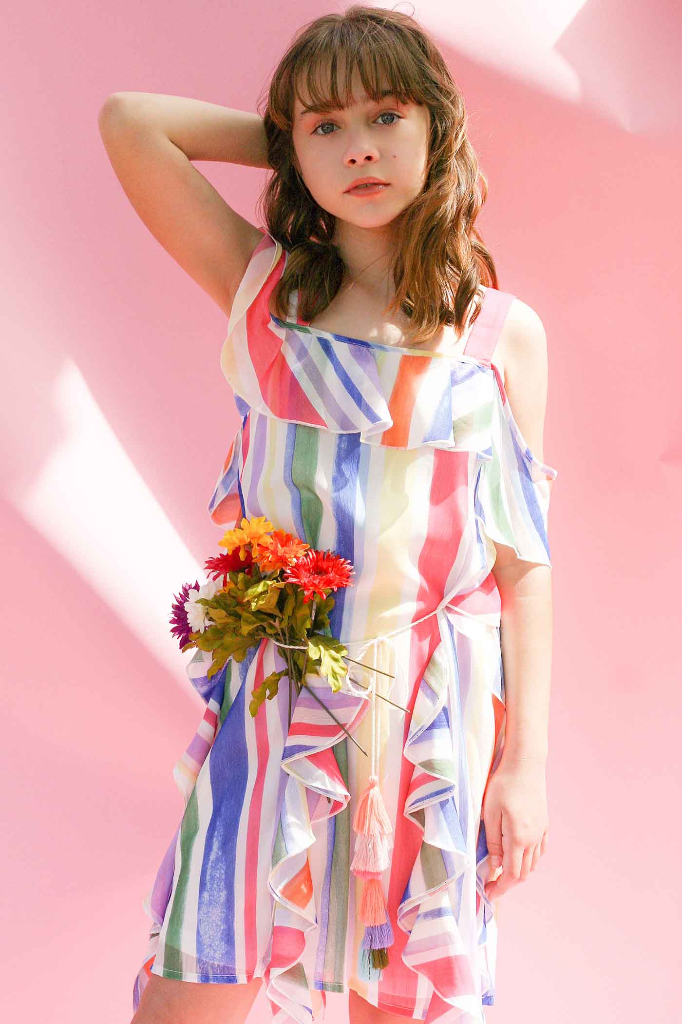 Hannah Banana | Girls Rainbow Stripe Cold Shoulder Ruffled Chiffon ...