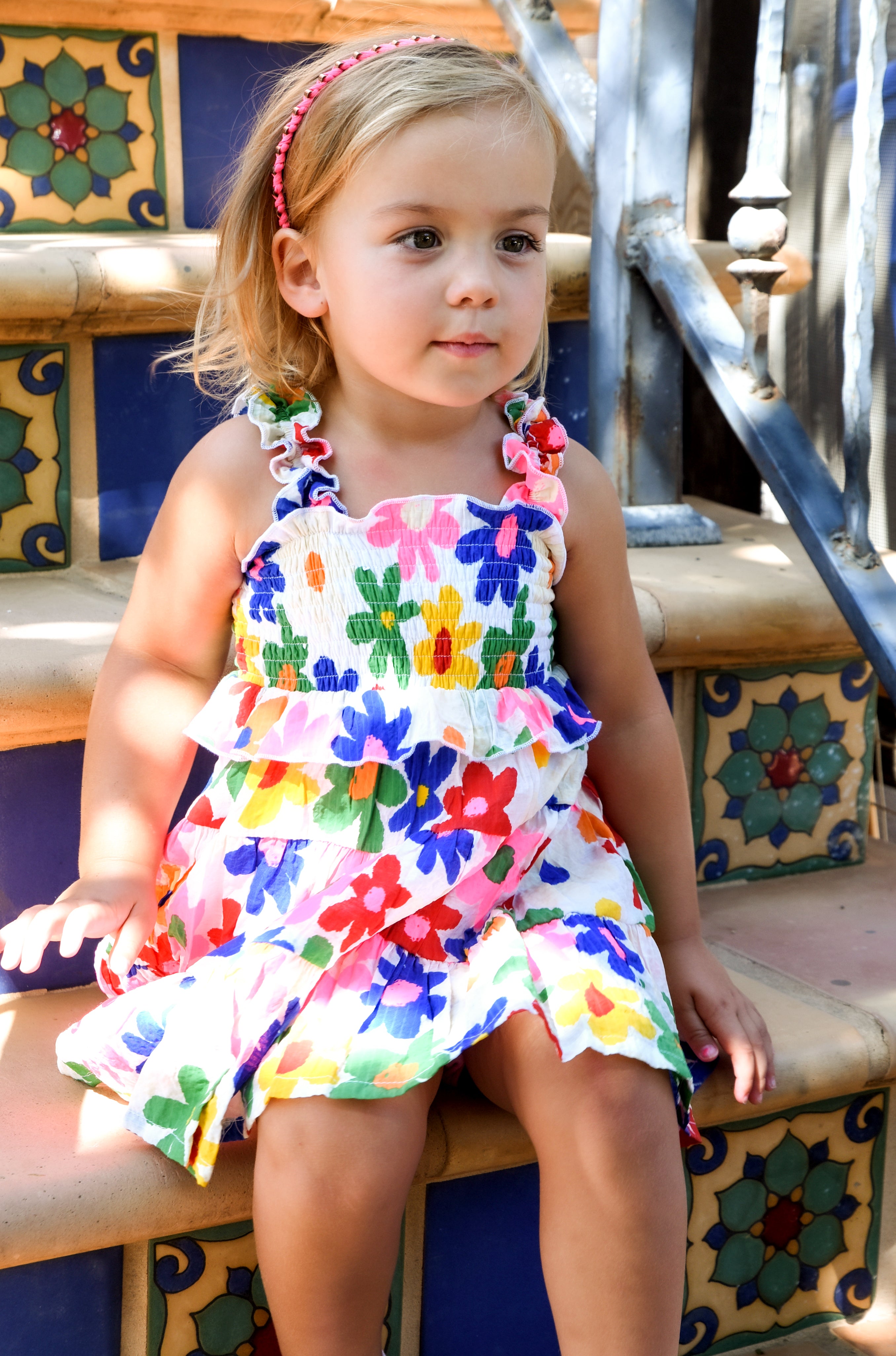 Little l Big Girl's Color Block Daisy Floral Print Tiered Dress ...